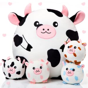 hydren cow plush pillow set mommy cow stuffed animal with 4 cute small spotted babies cow stuffed animal plushies toy gifts for boys toddlers kids birthday party decor