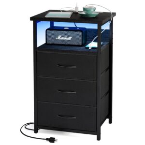 fixwal night stand with charging station, led nightstand with u-s-b ports and outlets, 3 fabric storage drawers with pu finish, bedside table, black