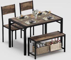 jummico 43.3" dining table set for 4, kitchen table with bench & 2 chairs modern rectangular metal frame dining furniture set for small space (rustic brown)