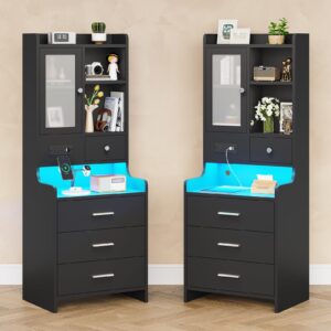 bthfst black nightstand set of 2, led night stand set 2 with charging station, tall bedside table with drawers & shelves, end side table with lights & storage