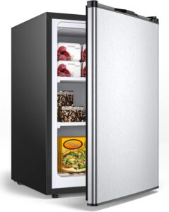 nafort compact upright freezer 3.0 cu. ft. with stainless steel single door, mini freezing machine with reversible door, 7 grade adjustable thermostat for home office