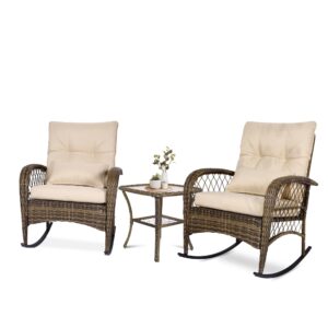 decmico wicker rocking chair set of 2, patio conversation bistro set, rattan outdoor rocker chairs with cushions and side table, wicker porch furniture for backyard, garden, beige