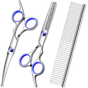 faigeo professional dog grooming scissors kit, titanium coated dog scissors for grooming, grooming shears kit - thinning, curved scissors and comb for dog cat pet (blue 4 in 1)