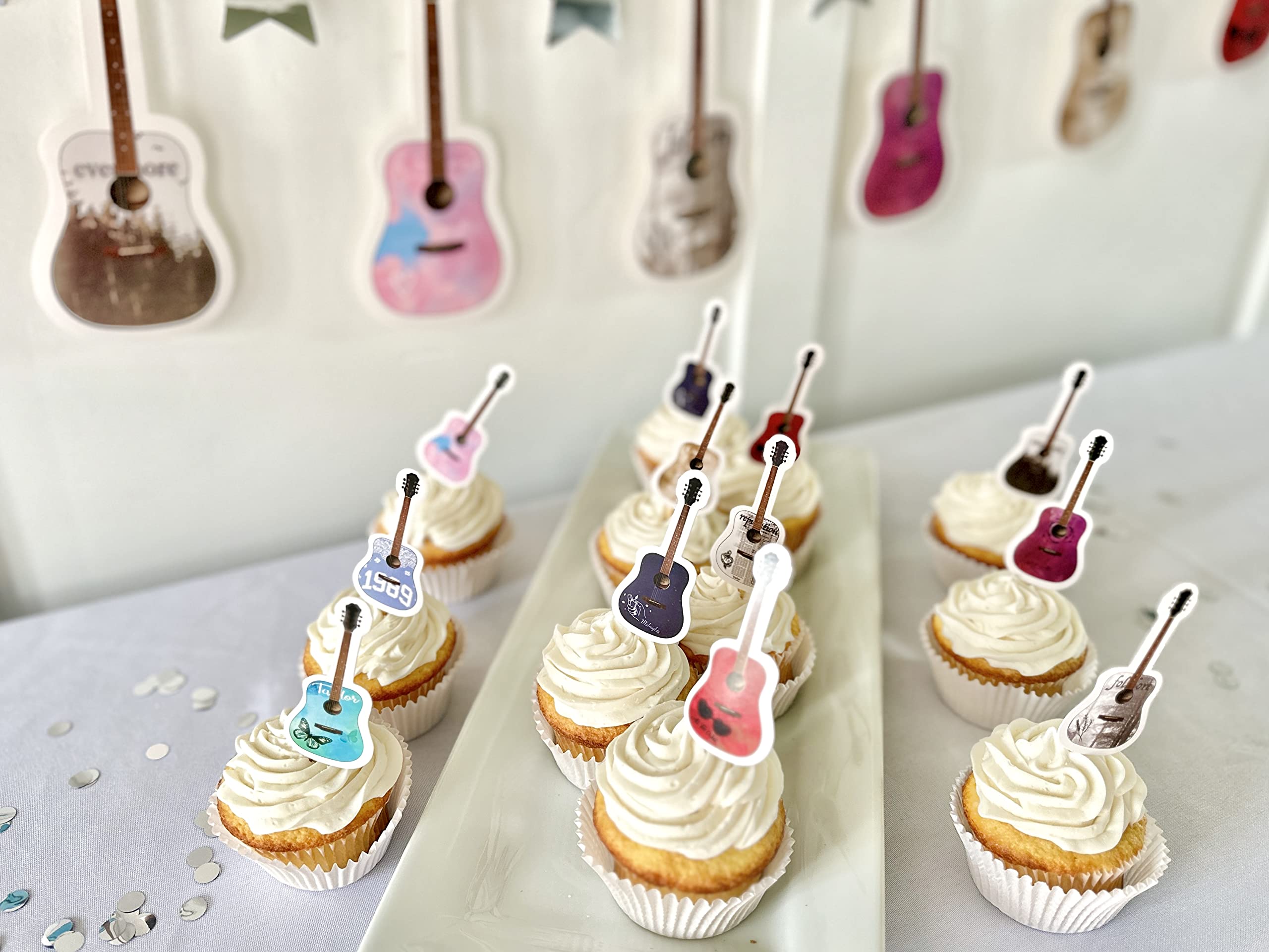 LoveUtah Tay Eras Music Tour Birthday Party Banner and Cupcake Toppers with Guitar Cutout (36 Pieces)