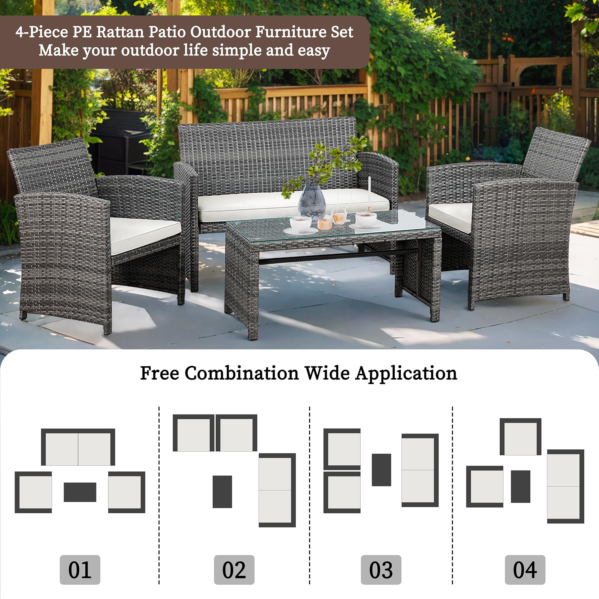 Shintenchi 4-Piece Patio Furniture Set, Outdoor Wicker Patio Conversation Furniture Set with Cushions and Tempered Glass Tabletop for Lawn Backyard Pool Garden,Beige