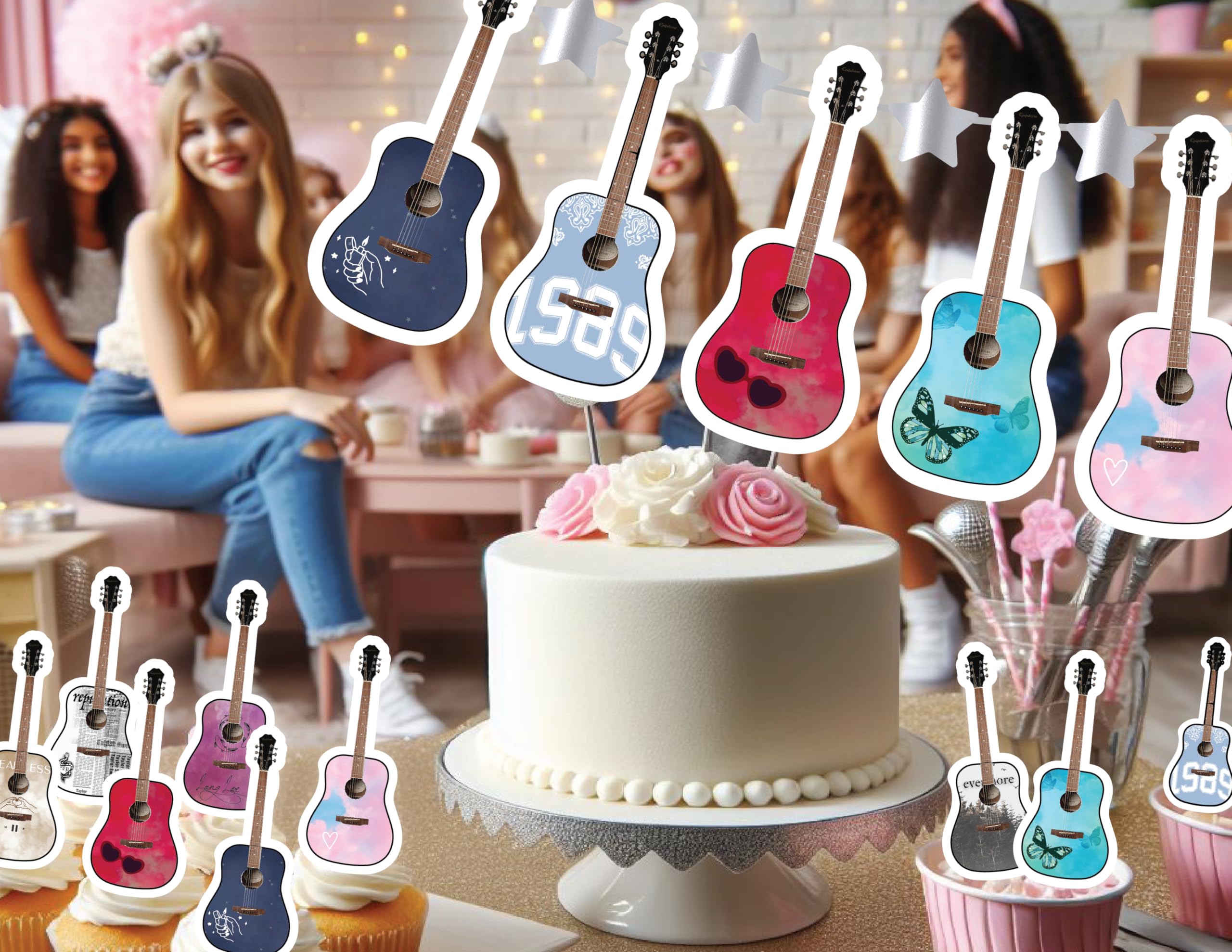 LoveUtah Tay Eras Music Tour Birthday Party Banner and Cupcake Toppers with Guitar Cutout (36 Pieces)