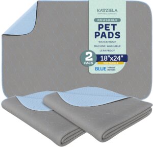 katziela washable pet pads (2 pack 18in x 24in) super absorbent waterproof reusable dog pee pads for dogs washable puppy pads for potty training housebreaking washable pee pads for dogs blue stitching