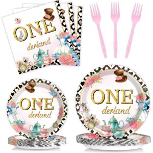 qoubai 100pcs wonederland 1st birthday party supplies onederland 1st birthday paper plates napkins fork set disposable fairy first birthday tableware decorations for girls baby shower dinner serves 25