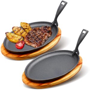 foldtier 2 sets cast iron skillet set 10.63'' x 6.89'' fajita plate sizzling pan with wooden base anti scald protection removable handle for restaurant kitchen cooking accessory bbq party