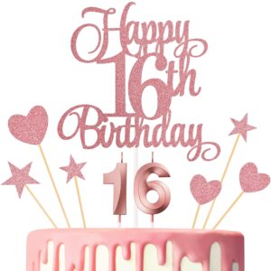 lecferrarc 16th birthday cake decorations, 16th birthday candles cake numeral candles and glitter happy 16th birthday cake toppers set for birthday party supplies (rose gold)