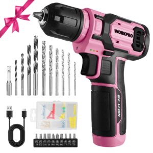 workpro pink power drill set, 8v cordless drill driver set with 53pcs bit set, 2.0ah electric cordless drill kit with 3/8" keyless chuck and variable speed trigger, portable drill for diy- pink ribbon