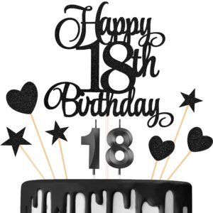 lecferrarc 18th birthday cake decorations, 18th birthday candles cake numeral candles and glitter happy 18th birthday cake toppers set for birthday party supplies (black)