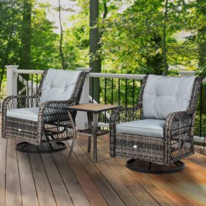 yitahome 3-piece patio outdoor swivel glider rocker wicker bistro rocking furniture conversation chairs for garden, backyard and balcony (gray)