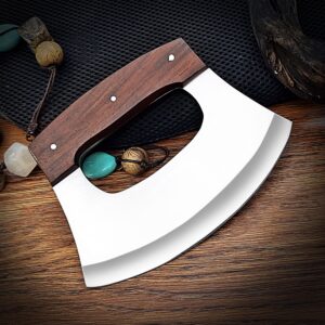 RIGGER KNIFE Carbon Steel Handmade Ulu Knife Pizza Cutter Rocker Knife Mezzaluna Knife with sheath Rocker Boning Knife for Slicing, Chopping, Camping, Outdoor, Kitchen With Sheath, Large