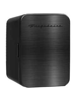 frigidaire mini personal fridge cooler, countertop, holds up to 10l/15 cans, brushed black stainless rugged design, portable for skincare, makeup, car, office, bedroom, dorm room, or cabin