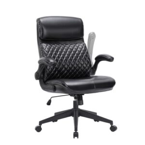 colamy ergonomic office chair, executive desk chair, leather office chair with padded flip-up arms, adjustable height swivel rolling work chair-black