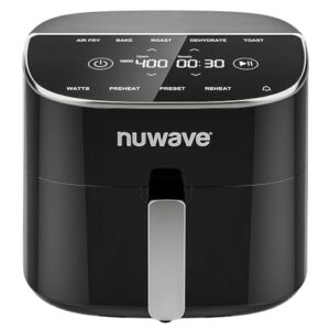 nuwave brio plus 8 qt air fryer, pfas free, new & improved, digital touch screen, cool white display, 50°f~400°f in precise 5°, 5 cook functions, 100 presets & 50 memory, 3 wattages 700, 1500, 1800