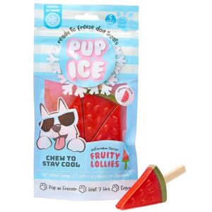 pup ice- ready to freeze at home dog treats-edible chews for small breed dogs & puppies with real chicken to keep your pup cool year round, fruity lollies watermelon flavor, 3pcs