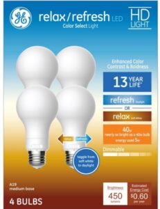 ge lighting (4 bulbs) ge relax/refresh led a19 color select light bulb, choose either soft white relax or cool white refresh, toggle switch on bulb, hd light, 450 lumens, dimmable, medium base