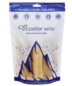 a petter way himalayan yak chews, natural dog treats, limited ingredients, 68 grams of protein, raw-hide alternative, large dog chews for aggressive chewers (cheese)