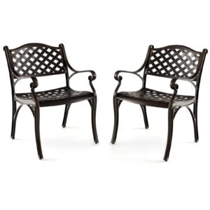 giantex cast aluminum patio chairs set of 2, all weather outdoor dining chairs w/armrests and curved seats, heavy duty metal bistro chairs for porch, garden, poolside, backyard, bronze (classic, 1)