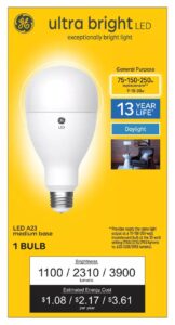 ge lighting ge ultra bright led 3-way light bulb, 75/150/250 watt equivalent, daylight, 1100/2310/3900 lumens, exceptionally bright led a23, frost finish, ultrabright led