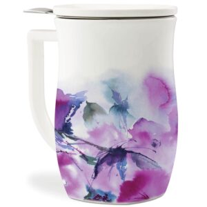 tea forte fiore ceramic tea mug with infuser and lid, verbena blossom, 14 oz. ceramic cup with handle for steeping loose leaf teas, dishwasher & microwave safe