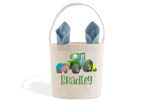 personalized green farm tractor easter basket with blue or pink ears for kids, toddlers, boys and girls, (blue ears)