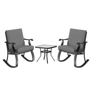 four seasons courtyard gramercy 3 piece cushioned rocking chairs outdoor backyard patio furniture bistro set with square side table, charcoal gray