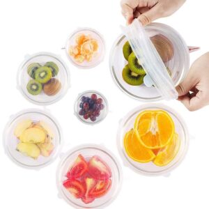 reusable silicone stretch lids, 12 silicone lids, 6 different circular sizes, 6 different rectangular sizes, flexible silicone lids for bowls, tupperware, food, freezer safe,adjustable.