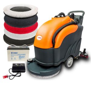 sunmax walk-behind floor scrubber dryer with 22" scrub path, 14.5-gal recovery tank, includes heavy duty brush, red, black and white pads, 30000 sqft/h