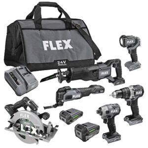 flex 24v brushless cordless 6-tool combo kit: hammer drill, hex impact driver, circular saw, multi-tool, reciprocating saw, work light with 2.5ah, 5.0ah lithium batteries and 160w charger - fxm601-2b