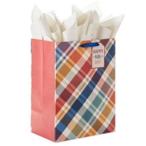 hallmark 17" extra large plaid gift bag with tissue paper and gift tag (happy you day) for birthdays, father's day, graduations