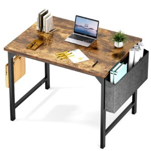 sweetcrispy computer small office desk 32 inch student kids study writing work with headphone hooks & storage bag modern simple pc home bedroom table, rustic brown