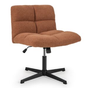 costway cross legged office chair, armless wide seat swivel desk chair no wheels, height adjustable mid back computer task chair, modern faux lamb fleece vanity chair for home office (brown)