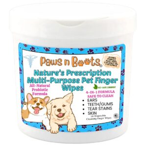 multi-purpose all-natural pet finger wipes, organic, safe, non-toxic formulated pre-moistened wipes. remove plaque & whiten teeth, clear ear wax/dirt buildup, soothe dry skin folds, remove tear stains