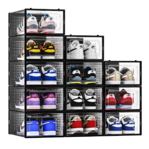 12 pack shoe storage bins, clear plastic stackable shoe organizer for closet, space saving foldable shoe rack, shoe box sneaker holder container, black frame