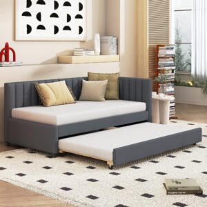 merax twin size upholstered daybed with trundle wooden sofa bed frame for living, guest, children's room, no box spring needed, easy assembly, gray