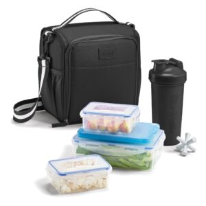 fit & fresh bree fitpak meal prep lunch box with containers, ice pack, and shaker bottle for men and women, 6pc. meal prep kit lunch bag with containers included, black