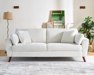 amerlife modern sofa, 86 inch white couch with 4 throw pillows, 3-seater sofa couch for living room, offwhite boucle upholstered sofa