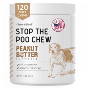 stop the poo chew coprophagia treatment for dogs - 120 soft chews - peanut butter flavor dog deterrent for dogs eating poop - treats bad breath and boosts gut health - made in usa