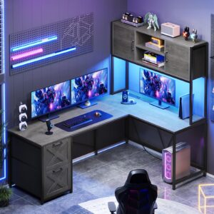 sedeta l shaped gaming desk, reversible computer desk with fabric drawers and power outlet, gaming desk with led lights, hutch and storage shelf for home office, grey