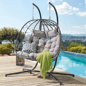 patiorama 2 person double egg swing chair with stand indoor outdoor, patio wicker rattan hanging egg chair w/cushion, pillow, foldable hammock chair 550lbs for bedroom, balcony, garden (light grey)