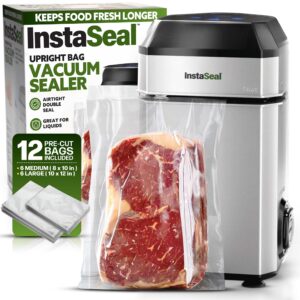 instaseal food vacuum sealer machine with 12 bags, patented upright food saver vacuum sealer machine allows to vacuum seal liquids, food sealer vacuum sealer for food saves & keeps food fresh longer