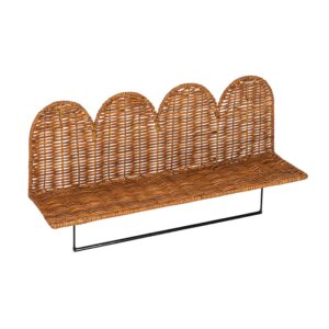 creative co-op rattan wicker wall shelf with scalloped edge and metal rod, natural