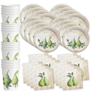 the perfect pair shower party supplies - perfect pear twin baby shower - perfect pear bridal shower - tableware set includes plates napkins cups - kit for 16