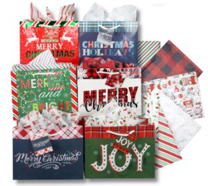 iconikal medium gift bags with tissue paper for christmas 24-pack fun bright designs merry christmas, joy, holidays