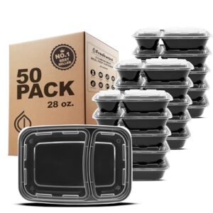 freshware meal prep containers [50 pack] 2 compartment with lids, food storage containers, bento box, bpa free, stackable, microwave/dishwasher/freezer safe (28 oz)