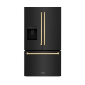 zline autograph edition 36 in. 28.9 cu. ft. standard-depth french door external water dispenser refrigerator with dual ice maker in black stainless steel and champagne bronze traditional handles