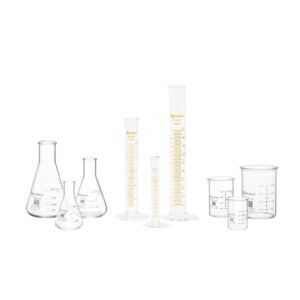 united scientific™ advanced glassware set of 9, beakers 50ml, 100ml, 250ml, class a cylinder 10ml, 50ml & 100ml & erlenmeyer flasks 50ml, 100ml & 250ml